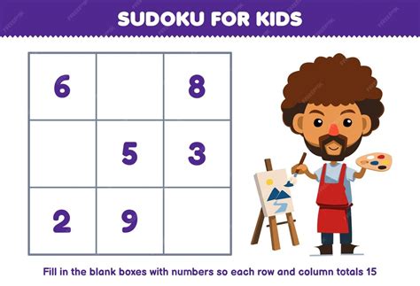 아이들을 위한 수도쿠 번호 귀여운 만화 화가가 상자를 채우도록 도와주세요 인쇄 가능한 직업 워크시트 프리미엄 벡터