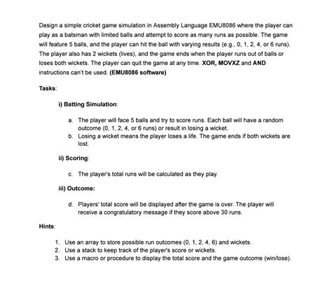 solved design a simple cricket game simulation in assembly