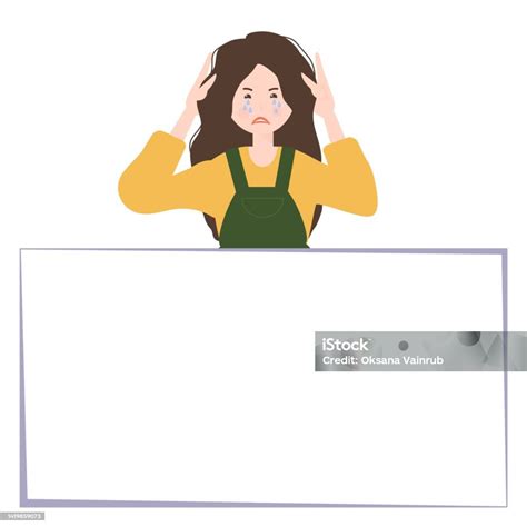 포스터와 함께 우는 소녀 텍스트를위한 흰색 시트가있는 화가 난 여성의 벡터 일러스트레이션 걱정하는에 대한 스톡 벡터 아트 및