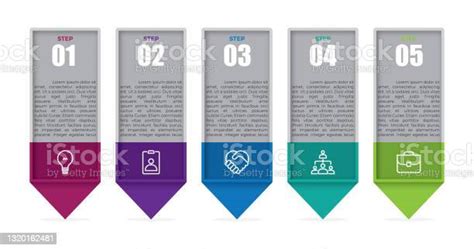 5 개의 다채로운 직사각형 요소 얇은 줄 그림 포인터 및 텍스트 상자 5 단계 연속 화살표 비즈니스 모델의 개념 최신 인포그래픽