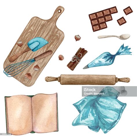 주방 용품 도마 버터 롤링 핀 밀가루 계란 파란색 앞치마 영수증 책 흰색 배경에 휘젓는 베이킹 수채화 세트 요리 클립 아트 베이킹 그림입니다 개체 그룹에 대한 스톡 벡터