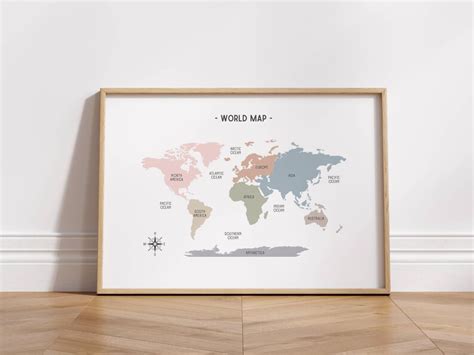 World Map Pastel Print Educational Wall Art Geography Homeschool
