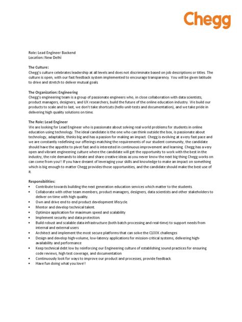 Jd Lead Engineer Backend Pdf Business Computing