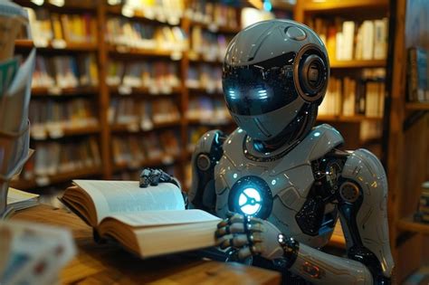 ai learning concept robot reading book in library background generative