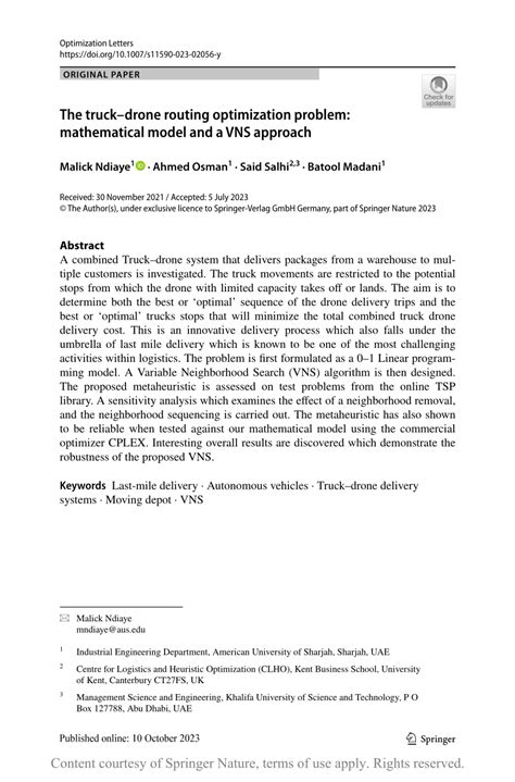 The Truckdrone Routing Optimization Problem Mathematical Model And A Vns Approach