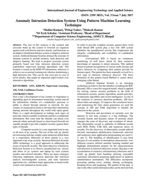 Pdf Anomaly Intrusion Detection System Using Pattern Machine Learning Technique