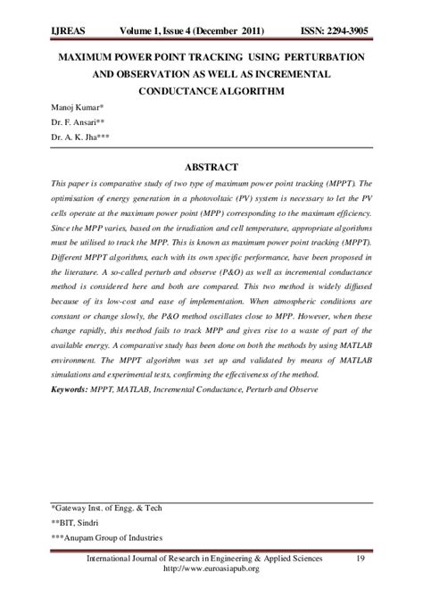 Pdf Maximum Power Point Tracking Using Perturbation And Observation As Well As Incremental