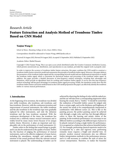 Pdf Feature Extraction And Analysis Method Of Trombone Timbre Based On Cnn Model