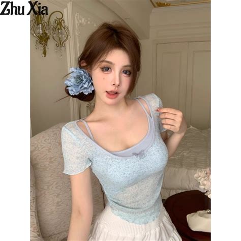 ผู้หญิง Big U คอ Micro โปร่งใสแขนสั้นเสื้อยืดเอวกระชับสัดส่วนผ้าพันแผลชุด Top Shopee Thailand