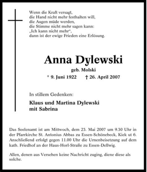 Traueranzeigen Von Anna Dylewski Trauer In Nrwde