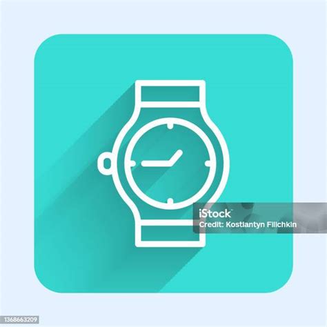 긴 그림자 배경으로 격리 된 흰색 라인 손목 시계 아이콘 손목 시계 아이콘 녹색 정사각형 버튼입니다 벡터 개념에 대한 스톡 벡터 아트 및 기타 이미지 Istock