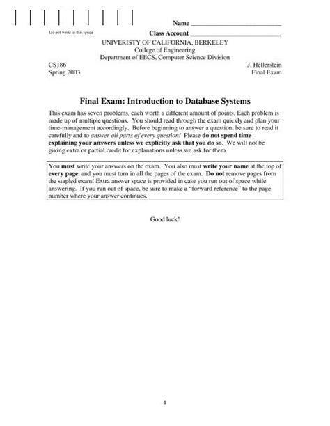 Final Exam Introduction To Database Systems Hkn