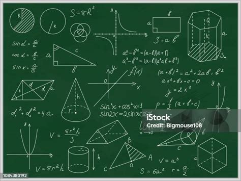 Green Blackboard Mathematical With Thin Line Shapes And Inscriptions Vector Stock Illustration