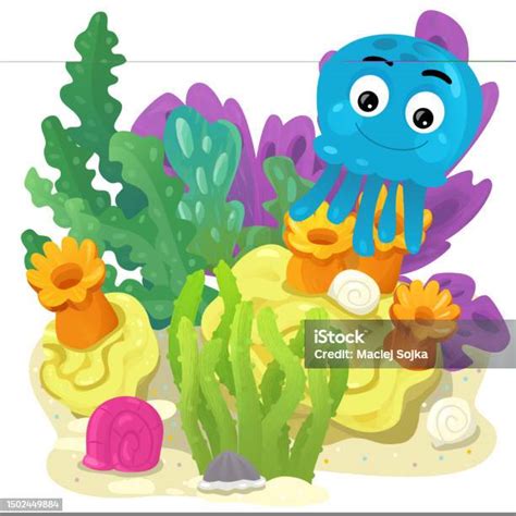 수영하는 문어 또는 젤리 물고기가 있는 산호초가 있는 만화 장면 거북이에 대한 스톡 벡터 아트 및 기타 이미지 거북이 게 경관 Istock
