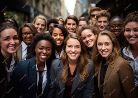 Premium Ai Image Group Of Office Workers Standing Happy Next To Office Building And Showing