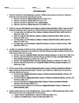 MLA Works Cited Practice Quiz With Key By Wendy Turner TpT
