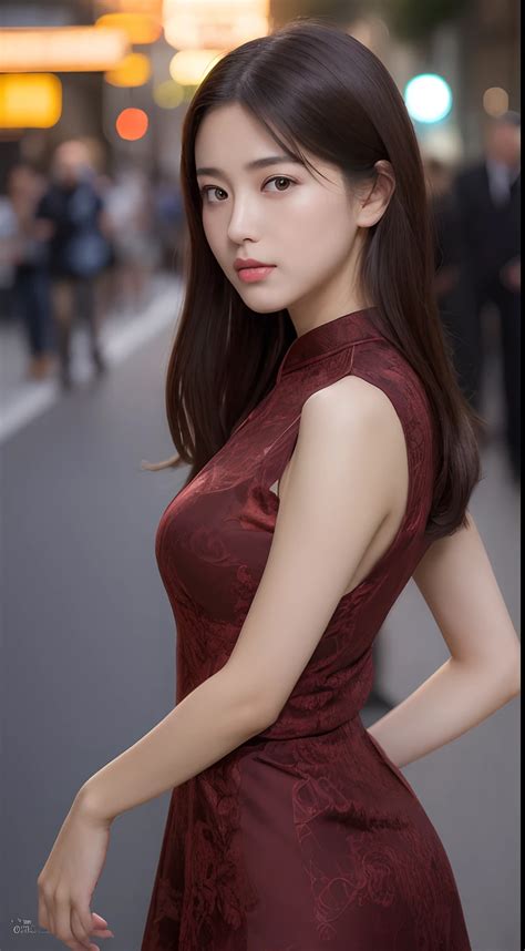 길모퉁이에 서 있는 붉은 드레스를 입은 여자 Seaart Ai