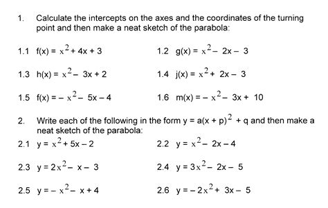 Imath More Exercises Re The Graph Of The Quadratic Parabolic Function And Its Properties