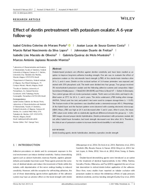 Pdf Potassium Oxalate Dentin Pretreatment Effects