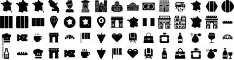 Set Of France Icons Isolated Silhouette Solid Icon With National Symbol Background French