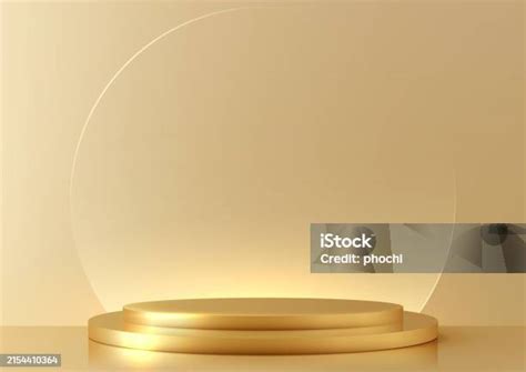 원형 투명 유리 배경이 있는 3d 금 연단 모형 사실적인 디자인과 고급스러운 금 악센트 제품 디스플레이 쇼룸 3차원 형태에 대한