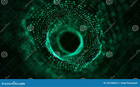 Abstract Dynamic Wireframe Tunnel On Green Background Deep Wavy Wormhole Futuristic Particle