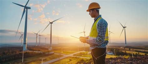 Engineer Monitoring Wind Turbines At Sunset Premium Ai Generated Image