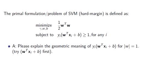 Solved The Primal Formulation Problem Of SVM Hard Margin Chegg
