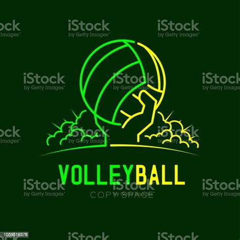 손을 Radius 클라우드 로고 아이콘 개요 스트로크 설정된 대시 라인 디자인 일러스트 어두운 녹색 배경을 배구 텍스트와 복사 공간 벡터 Eps 10에 고립 된 배구를 잡고