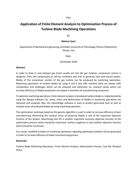 PDF Application Of Finite Element Analysis To Optimization Process Of Turbine Blade Machining
