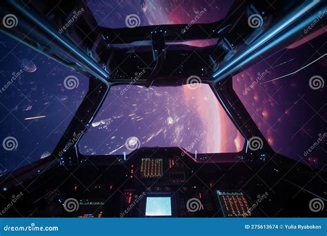 Cockpit Of Space Fighter A Sleek Silver Spaceship With Blue Lights