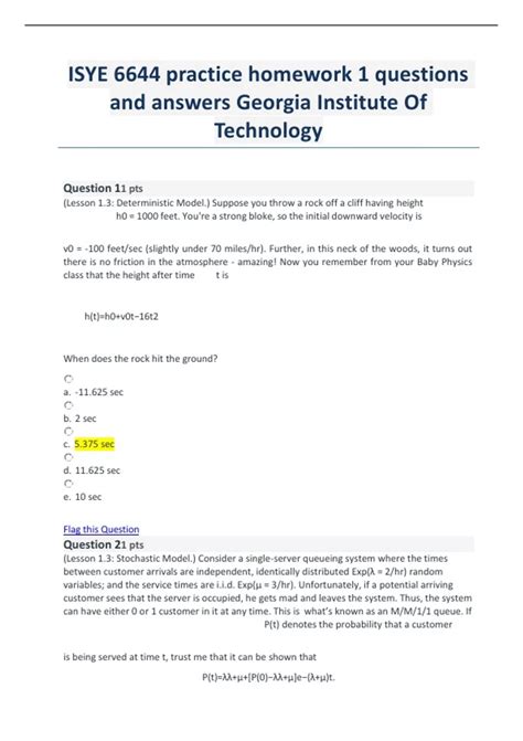 ISYE Practice Homework Questions And Answers Georgia Institute Of Technology ISYE