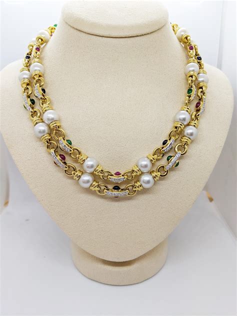 18 Karat Gold Double Strand Necklace With Diamonds Pearls And Colored