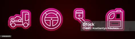 세트 라인 자동차 운송업자 트럭 스티어링 휠 엔진 피스톤 및 모터 기계 오일용 캐니스터 빛나는 네온 아이콘입니다 벡터 가솔린에