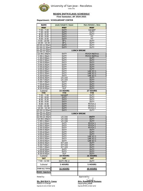 Template Reads Duty Class Schedules 1st Sem Ay 24 25 Pdf