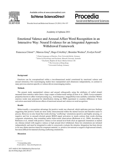 Pdf Emotional Valence And Arousal Affect Word Recognition In An