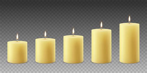 벡터 3d 현실적인 노란색 주황색 파라핀 왁스 불타는 파티 스파 촛불 세트 촛불의 불꽃 격리 다른 크기 컬렉션 디자인 템플릿