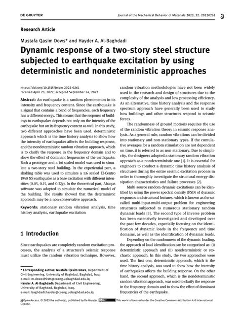 Pdf Dynamic Response Of A Two Story Steel Structure Subjected To Earthquake Excitation By