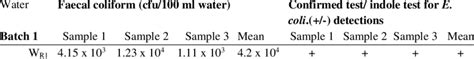 Faecal Coliform Count And Indole Test For E Coli Recorded Per Water Download Table