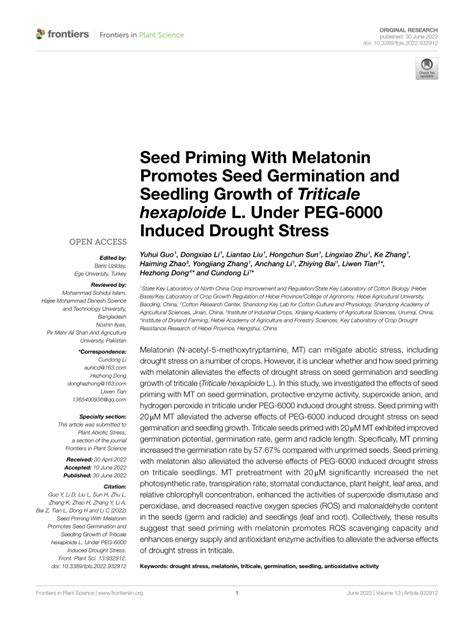 Pdf Seed Priming With Melatonin Promotes Seed Germination And