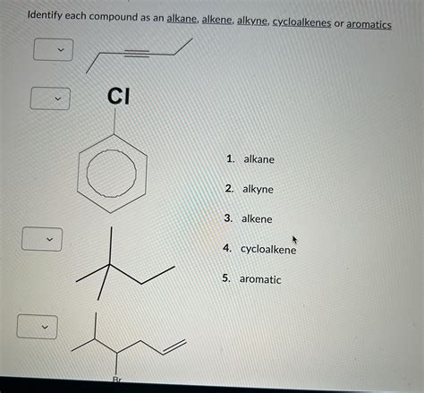 Solved Identify Each Compound As An Alkane Alkene Alkyne Chegg