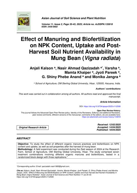 Pdf Effect Of Manuring And Biofertilization On Npk Content Uptake