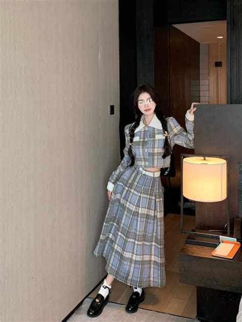 체크 숏자켓 벨트 플리츠 롱스커트 투피스