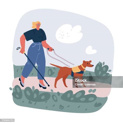 고립된 개 벡터와 함께 걷는 시각 장애인 여성 막대기로 선글라스를 쓴 늙은 장애인 장애인의 개념입니다 장애인을 위한 동반자