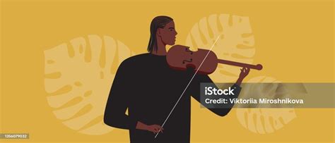 아프리카 남성 음악가 바이올리니스트 아프리카 인의 업적 바이올린과 취미와 바이올린과 취미와 플랫 벡터 스톡 일러스트 또는 나뭇잎 배경과 창의력 Black History