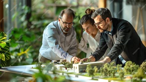 Premium Photo Three Architects Discussing Over A Building Model In The Office