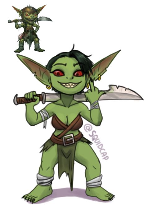 Rule 34 Barefoot Black Nails Cleavage Earrings Goblin Goblin Female Green Hair Green Skin Grin