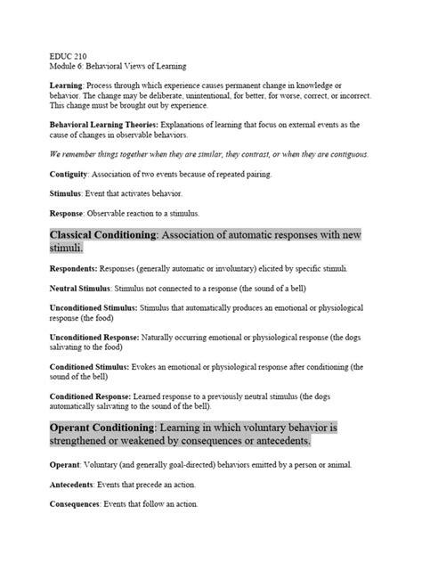 Educ 210 Module 6 Notes Pdf Reinforcement Classical Conditioning