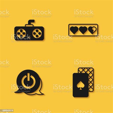 게임 컨트롤러 또는 조이스틱 카드 재생 전원 버튼 과 긴 그림자와 라이프 바 아이콘을 설정합니다 벡터 Brand Name