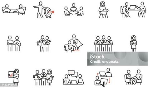 비즈니스 회의 토론 관계 및 협상과 관련된 선형 아이콘의 벡터 세트 모노 라인 픽토그램 및 인포그래픽 디자인 요소 아이콘에 대한